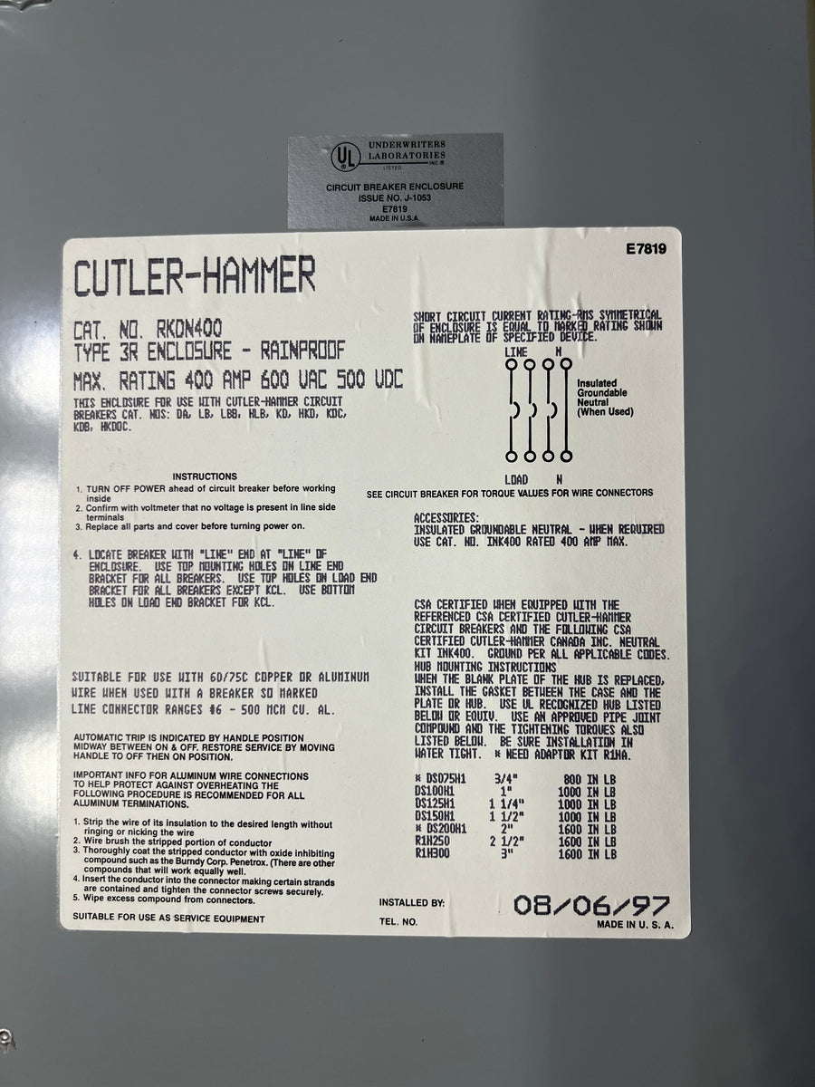 Cutler-Hammer RKDN400 Type 3R Circuit Breaker Enclosure w/ DK3400 400A ...